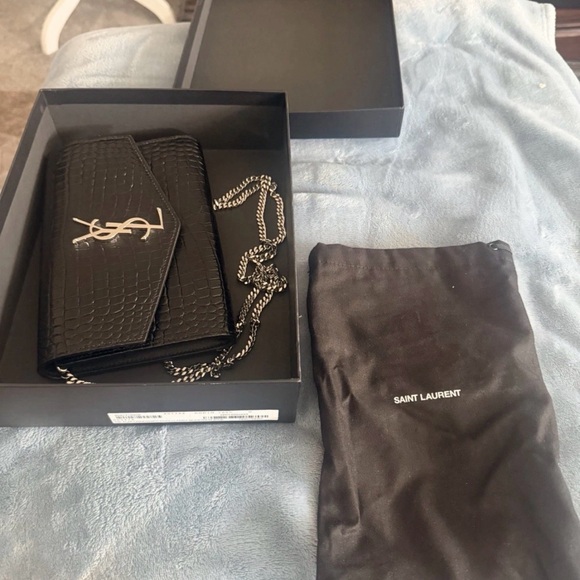 Saint Laurent | Bags | Saint Laurent Black Croc Embossed Chain Wallet ...